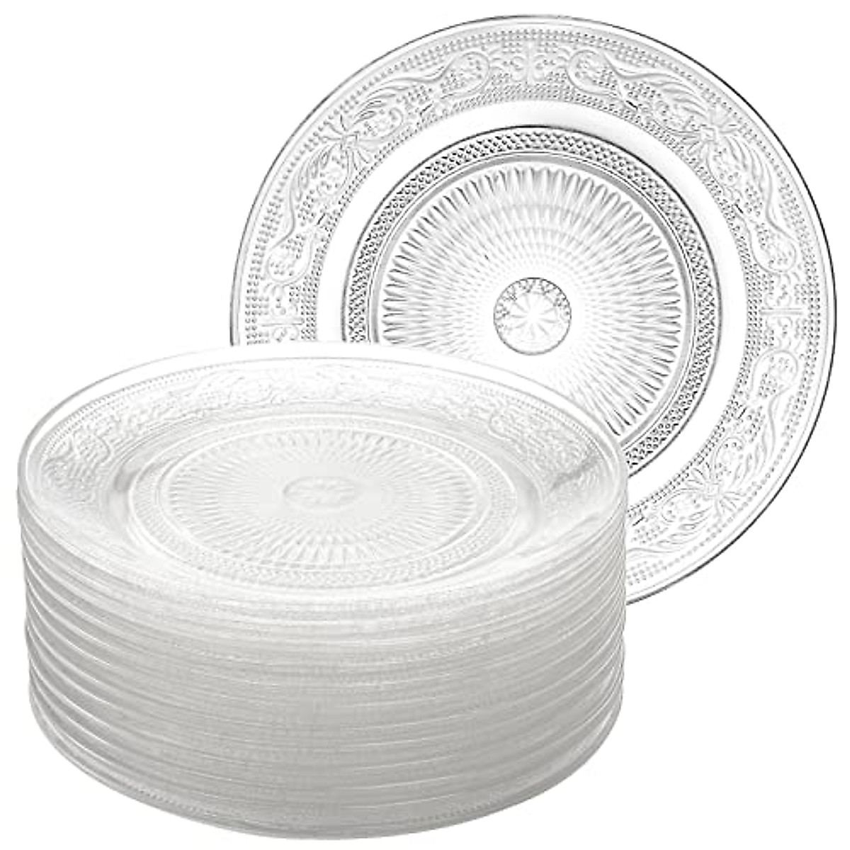 Frcctre 12 Pack Glass Salad Plates, 7 Inches Glass Fruit Dessert Plates, Clear Glass Appetizer Dinnerware Set with Beautiful Carved Pattern, Dishwasher Safe
