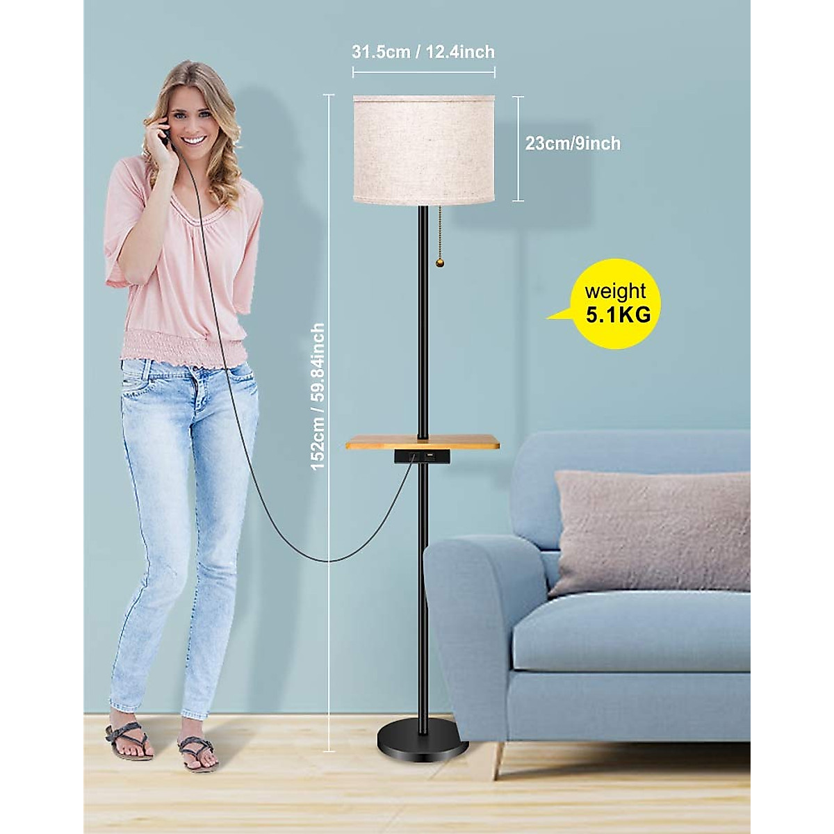 lifeholder Floor Lamp, Modern Floor Lamp with Dual USB Ports & Rectangle Tray Table, LED Floor Lamp with Line Fabric Shade & Pull Chain, Idea for Bedroom, Living Room or Office