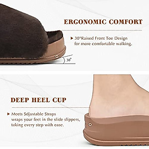 KuaiLu Womens Fuzzy Platform Open Toe Slippers with Arch Support Fluffy Furry Slides Orthotic Faux Fur Sandals Indoor Outdoor Brown Size 6
