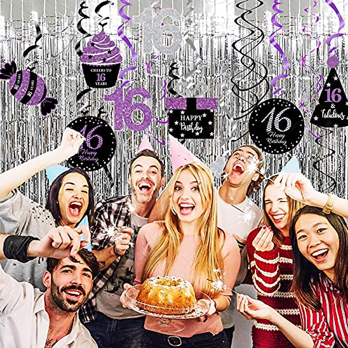 Sweet 16 Birthday Decorations Purple Silver Black for Women/Girl 16th Birthday Party Decoration Purple Silver Black Foil Hanging Swirls Decorations Girl 16th Birthday Party Hanging Decor / Swirls of 15pcs