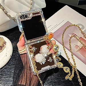 Omio Designed for Samsung Galaxy Z Flip 5 Mirror Case with Crossbody Lanyard Luxury Sparkle Bling Crystal Diamond Glitter Flower Cute Slim Makeup Phone Case for Galaxy Z Flip 5 Women Girls, Rose Gold