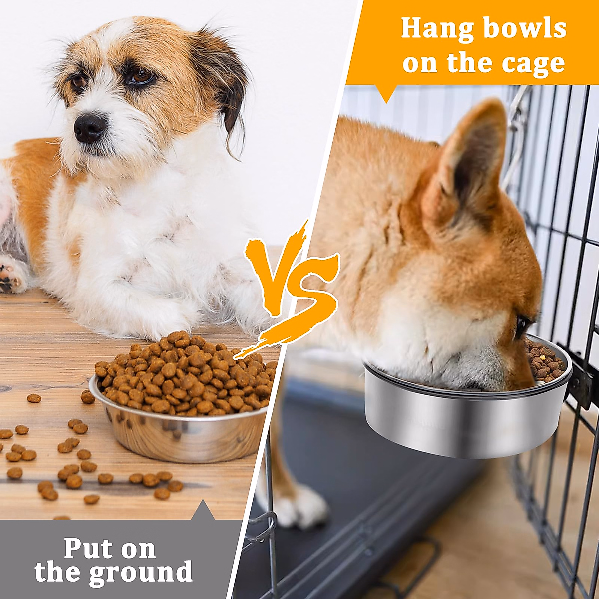 Vayugo Dog Crate Bowls, 2 Pack Stainless Steel Kennel Water Food Bowls with Clamp, Anti-Spill Hanging Pet Metal Bowls for Small Medium Large Dogs Use in Cage Kennel Crate