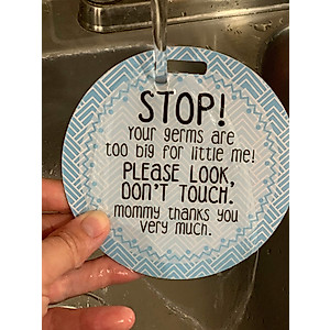 THREE LITTLE TOTS – Blue Stop Please Look Don't Touch Baby Car Seat Sign or Stroller Tag - CPSIA Safety Tested