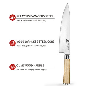 BRODARK Japanese Chef Knife, Damascus Chef Knife VG10 Steel Core 8 Inch with Olive Wood Handle, High Carbon Stainless Steel Kitchen Knife, Superb Edge Retention