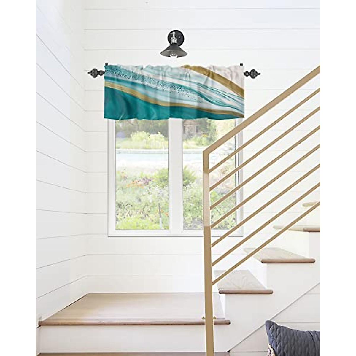 Abstract Curtain Valance for Window,Kitchen Rod Pocket Short Curtains Panel Turquoise White Gold Marble Texture Windows Treatment Drapes for Bathroom Living Room Decor 42x12In Stone Fluid Art