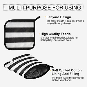 susiyo Classic Black and White Striped Oven Mitts and Potholders 2-Piece Set Non-Slip Washable Cooking Gloves for Hot Plate Baking Kitchen Dining Grilling BBQ