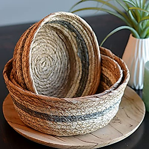 Coastal Grey Stripes 3 Piece Basket Set, Shelf Organizers, Corn Husk Wicker, Chunky Rope Weave, Stitched, Diameter 9.75 Inches