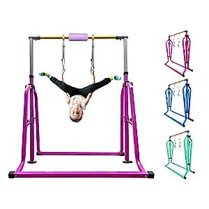 kechery Foldable & Moveable Gymnastics Horizontal Bar with Rings,3’to 5’Adjustable Height Expandable Junior Kip Bar for Home,Indoor Gym Equipment for Kids (Foldable Purple with Rings)