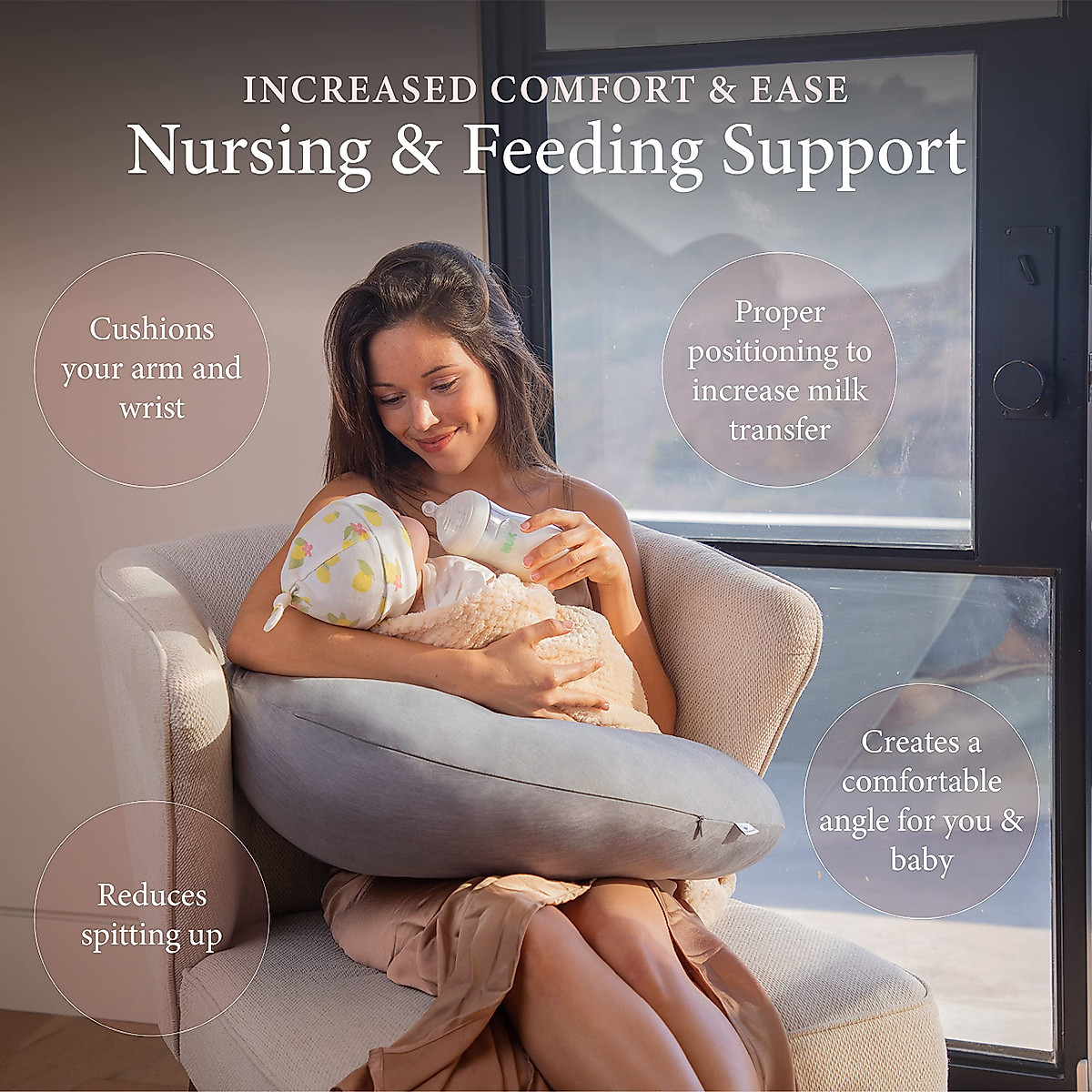Pharmedoc Nursing Pillow for Breastfeeding – Breast Feeding Pillows for Mom - Bottle Feeding - Support for Mom and Baby - Pregnancy Maternity Pillows, Baby Shower Must Haves - Grey Cooling Cover