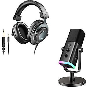 FIFINE XLR/USB Microphone and Studio Monitor Headphones Set, Computer Recording Mic with Mute Button, RGB, Over Ear Wired Headset Pack for YouTube Podcasting Streaming Gaming (AM8+H8)