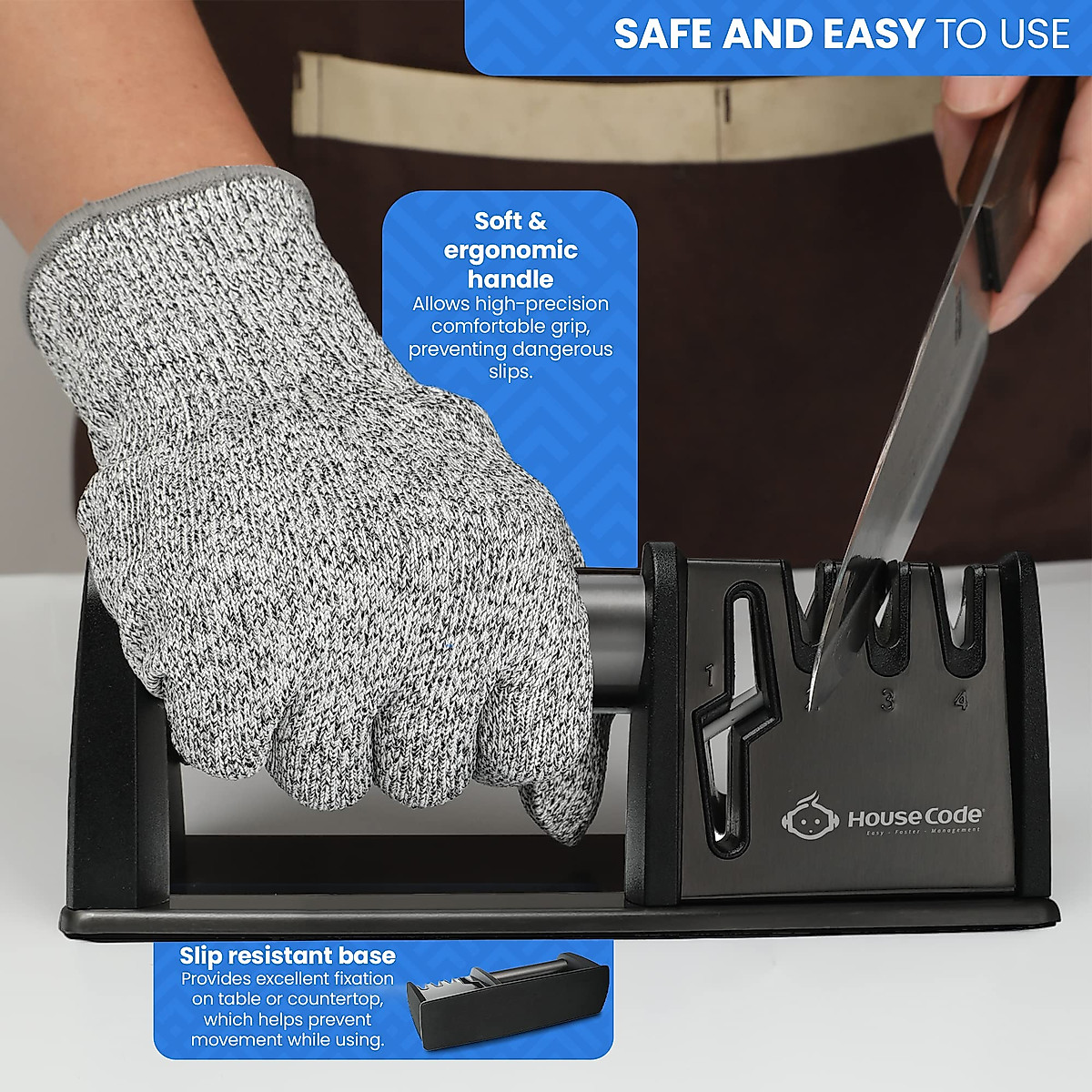 HouseCode Premium TITANIUM Knife Sharpener, 4 in 1 Knife Sharpening with Cut-Resistant Glove, Ergonomic Handle - Sharpen and Polish Kitchen Knives and Scissors, Non-Slip Base for Safe Sharpening (9")