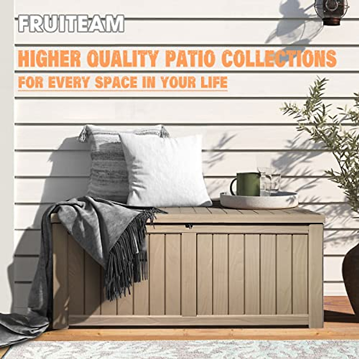 FRUITEAM 120 Gallon Outdoor Storage Box, Low Maintenance, Lockable Resin Deck Box for Patio Furniture Cushions, Pillows, Pool Noodles, Garden Tools