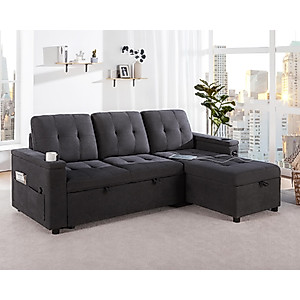 VanAcc Sleeper Sofa, Pull Out Couch Bed with USB Charging Port & Cup Holders, L-Shaped Sectional Couch with Storage Chaise, Comfy Couch for Living Room (Dark Grey)