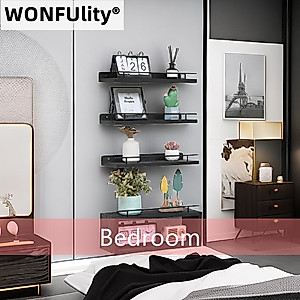 WONFUlity 3-Shelf Bathroom Shelves, Floating Shelves with Storage Basket, Over Toilet Paper Holder, Farmhouse Wood Wall Shelves for Living Room, Kitchen, 16x5.9x5.5 inches, Walnut