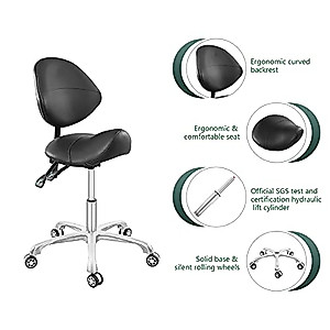 Senkelly Saddle Rolling Stool with Wheels, Adjustable Workbench Stool with Backrest, Swivel Stool Chair for Pedicure Work Office Kitchen-Ergonomic