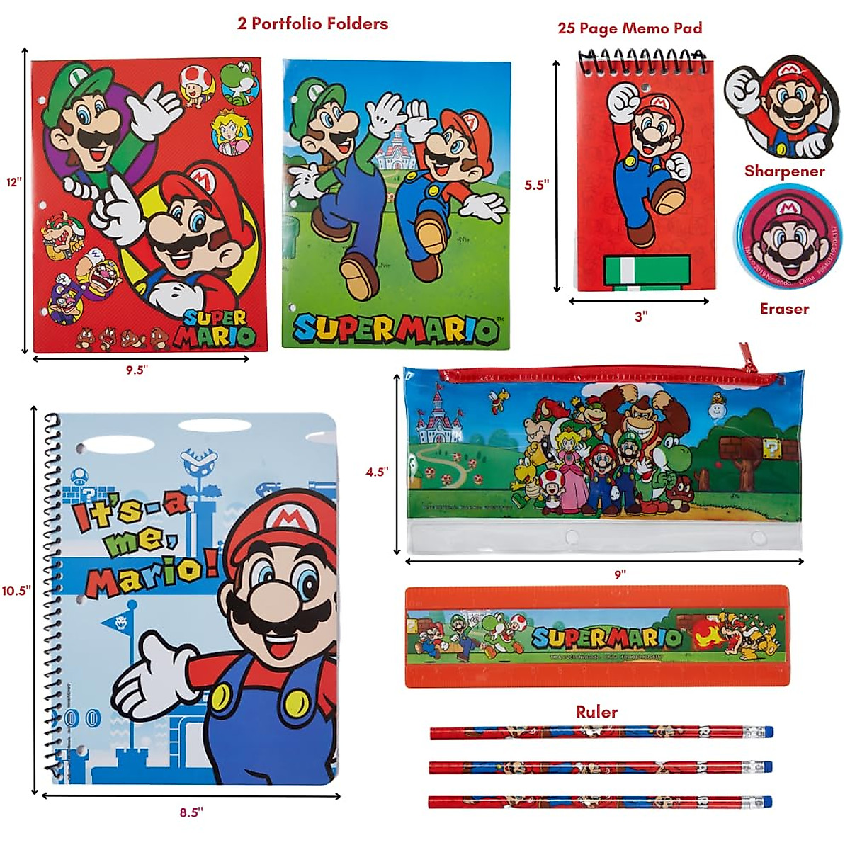 Large Clear Backpack for Kids with Super Mario Bros School Supplies Set, 16 inch Stadium Approved Transparent Bag, Red and Blue
