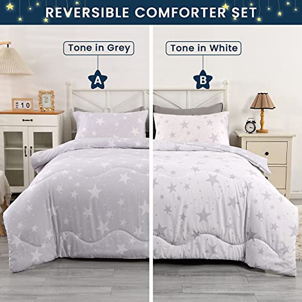 Qucover Star Comforter Set Full Size, 3-Piece Reversible Grey & White Star Pattern Bedding Comforter Set for Boys, Girls, Teen, Super Soft Warm Winter Thick Comforter with 2 Pillowcase, 79x90 in