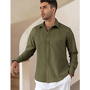 COOFANDY Men's Linen Button Down Long Sleeve Shirts Casual Summer Solid Oxford Dress Shirt ArmyGreen