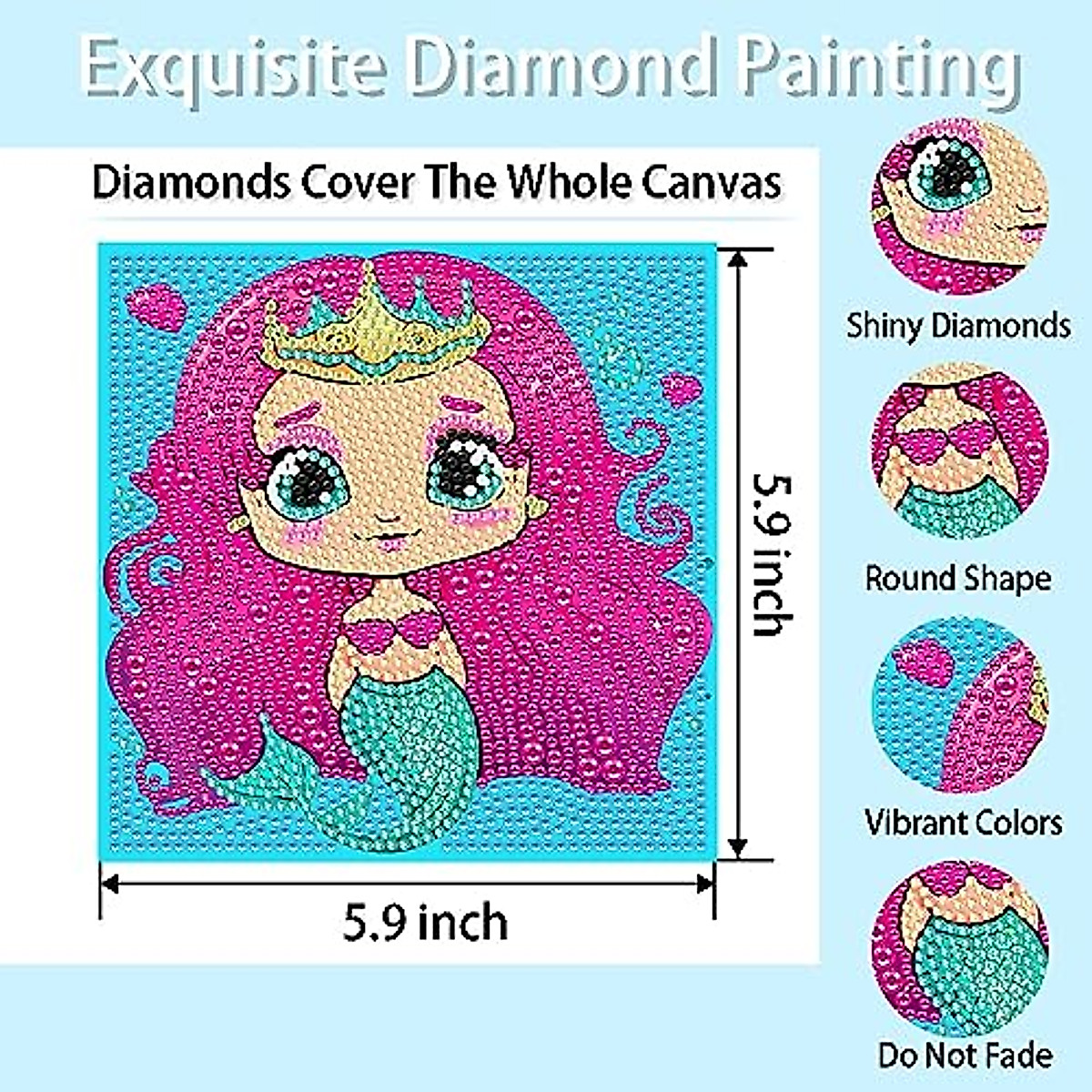 cviokrdu 5D Diamond Painting Kits for Kids with 7.1"X7.1"Wooden Frame,Disney Cartoon Mermaid Diamond Art for Kids Ages 6-12 by Number Kits DIY Painting Arts and Crafts,Diamond Dots for Kids Gift