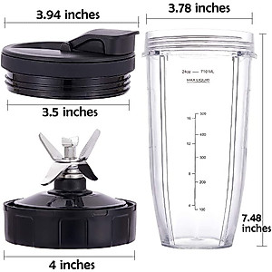 Revorit Blender Replacement Parts for Ninja, 2 24oz Cups with To-Go Lids, 7 Fins Extractor Blade, for Nutri Ninja Auto iQ BN801 BL480-30 BL640-30 BL642-30 NN100-30 BL2012 (2 Pack)