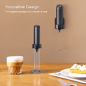 ELMWAY Powerful Electric Milk Frother Set, Rechargeable Drink Blender with Stand/Base, Foam Maker Mixer, Handheld Milk Frother for Coffee, Cappuccino, Latte, Matcha, Protein Powder - Black