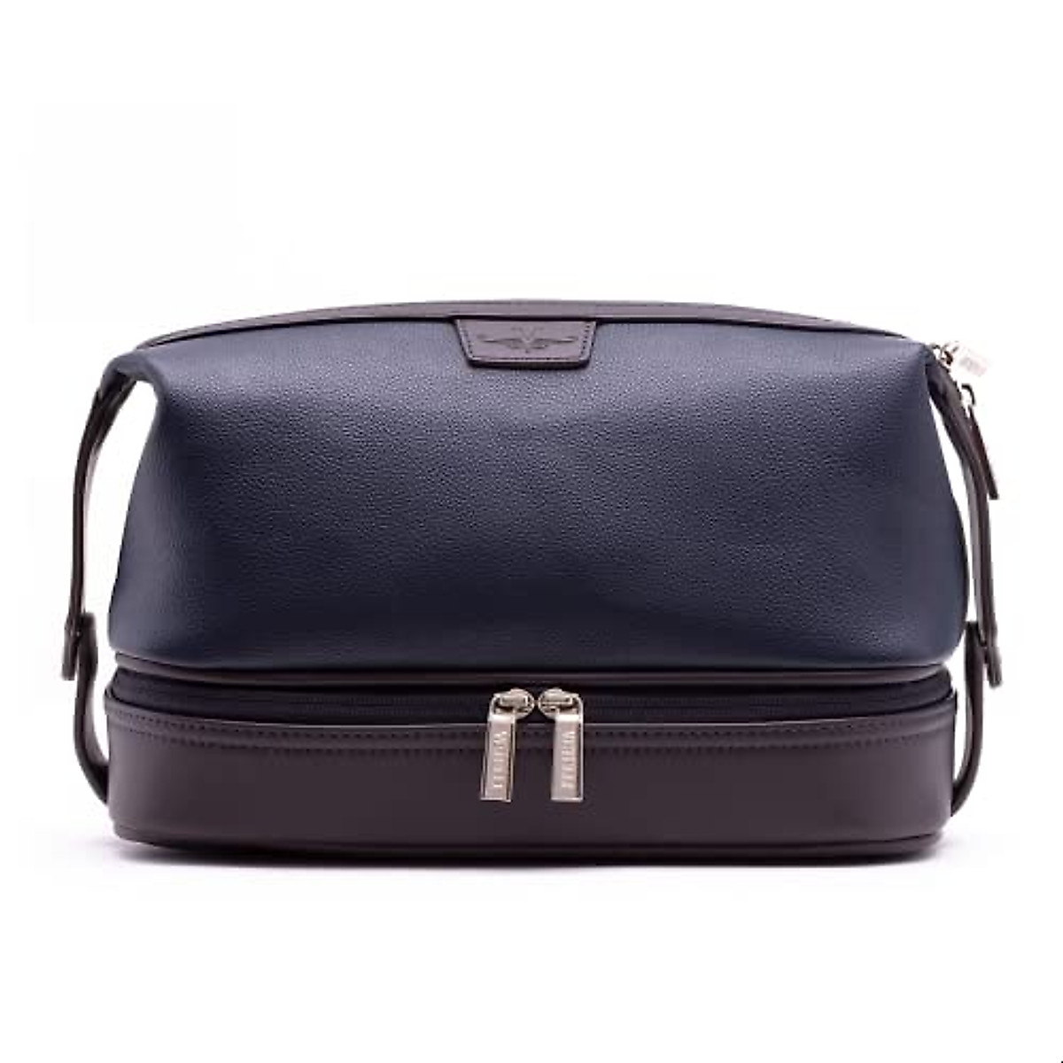 Vetell Leo Large Leather Men's Travel Toiletry and Shaving Case Bag with Upper and Lower Zippered Compartments, 3 Interior Loops and Carrying Handles