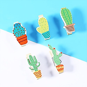 BESTOYARD 10pcs Cactus Mini Colored Wooden Clothespins Crafts Photo Clips with 1 Hemp Rope