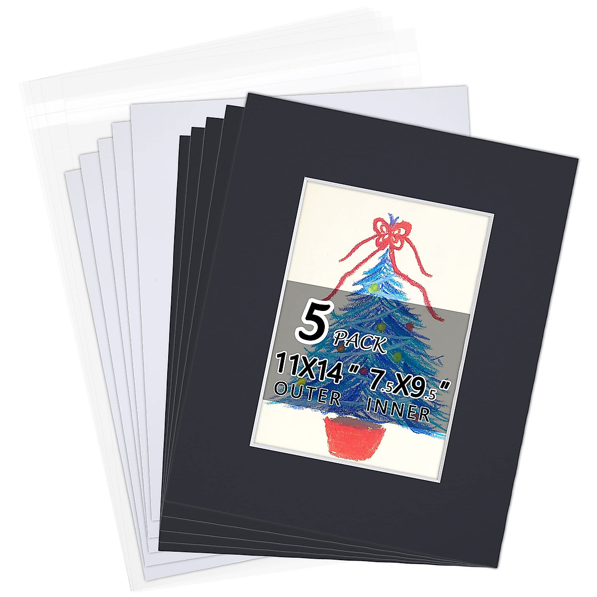 Acid Free 5 Pack 11x14 Pre-Cut Mat Board Show Kit for 8x10 Photos, Prints or Artworks, 5 Core Bevel Cut Matts and 5 Backing Boards and 5 Crystal Plastic Bags, Black