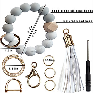 Meroqeel Silicone Beads Key Ring Keychain Bracelet Wristlet for Women, Cute Bead Car Keys Holder Chain Bangle, Stretchy Circle Beaded Keyring for Girls Small Wrist with Leather Tassel - Marble White