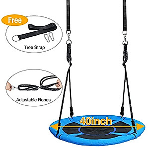 Trekassy 700lb 40 Inch Saucer Tree Swing for Kids Adults 900D Oxford Waterproof with 2pcs Tree Hanging Straps, Steel Frame and Adjustable Ropes Blue
