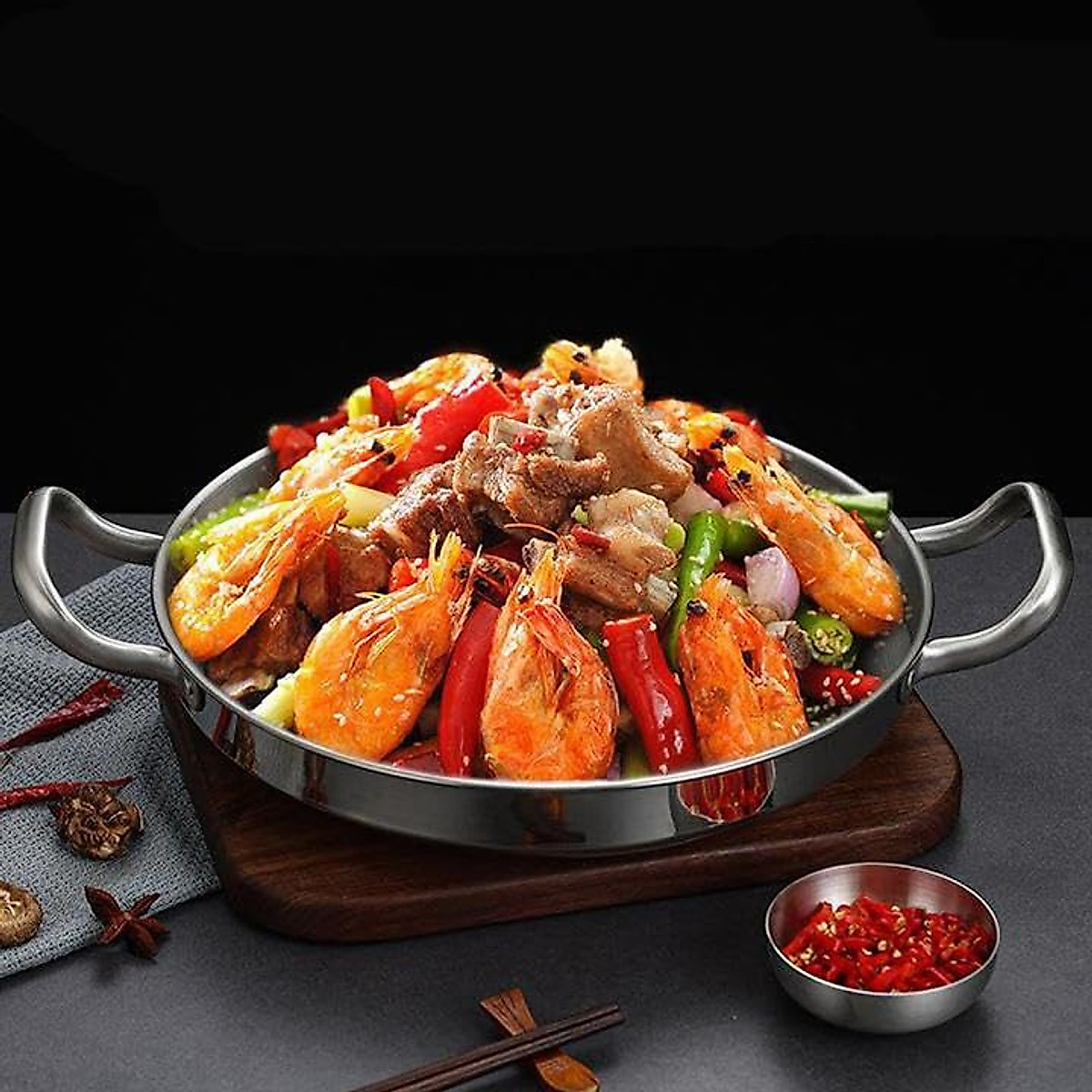 MBBITL Food Serving Skillet Pan Stainless Steel Paella Pan Silver 8.6 inch 22cm Pans