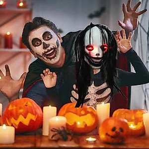 Halloween Mask Ghost face Scary with Hair LED Light up Zombie Horror Full Head Masque Decorations Costume Creepy Cosplay Prop
