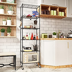 Homdox 6-Tier Storage Shelf Wire Shelving Unit Free Standing Rack Organization with Caster Wheels, Stainless Side Hooks, Black