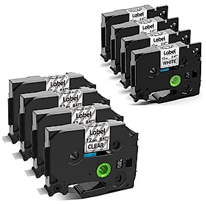 4 Pack Clear + 4 Pack White Compatible Label for Brother P-touch TZ TZe TZe-231 TZe-131 Label Tape for PT-D210 PT-H100 PT-D400AD PT-1290 Label Maker, 12mm 0.47'' Laminated Black on White/Clear, 8-Pack