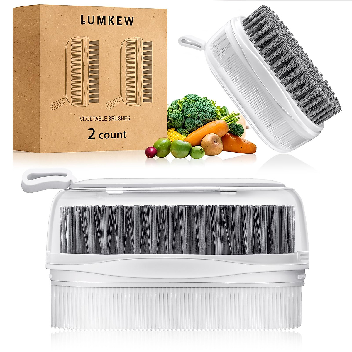Lumkew Vegetable Brush Scrubber with Soft & Hard Bristle, Mushroom Potato Scrubber Brush with Comfortable Cover, Veggie Fruit Cleaning Brushes, 2Pcs