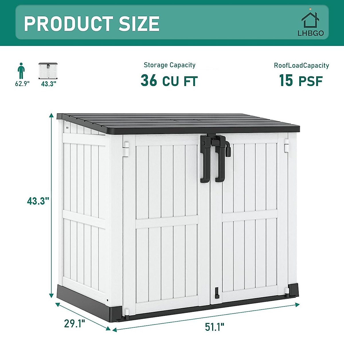 LHBGO Outdoor Resin Storage Shed 36 Cu. Ft. Generator Horizontal Storage Large Capacity Weather Resistant Storage Box, Lockable Resin Waterproof Shed for Garbage Cans, Garden Tools