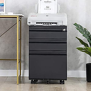 GREATMEET Filling Cabinet with 3 Drawers, Office Mobile Filing Cabinet with Wheels and Lock for Legal/Letter Size,Small File Cabinet for Under Deskt,Fully Assembled (Black)