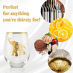 Onebttl Unique Elephant Gifts - Ethnic Mandala Elephant Stemless Wine Glass, Best for Elephant Lovers, Perfect with Red Wine Gin Cocktail Fizzy Drinks - Gold - for Birthday, Celebrations, Housewarming