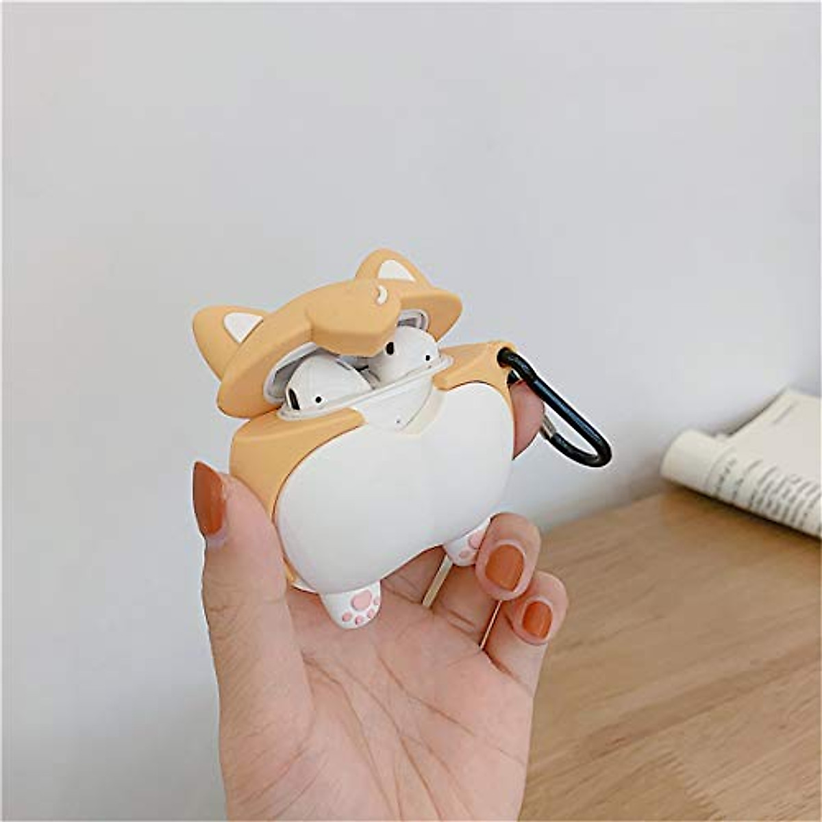Coralogo for Airpods 1/2 Cute Case, 3D Cartoon Animal Character Soft Silicone Airpod Skin Dog Funny Fun Cool Keychain Design Accessories Cover Air pods Cases for Kids Teens Girls Boys (Lucky Corgi PP)