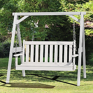 JAMFLY Wooden Porch Swing Outdoor, Bench Swing with Hanging Chains for Outdoor Patio Garden Courtyard Backyard, White