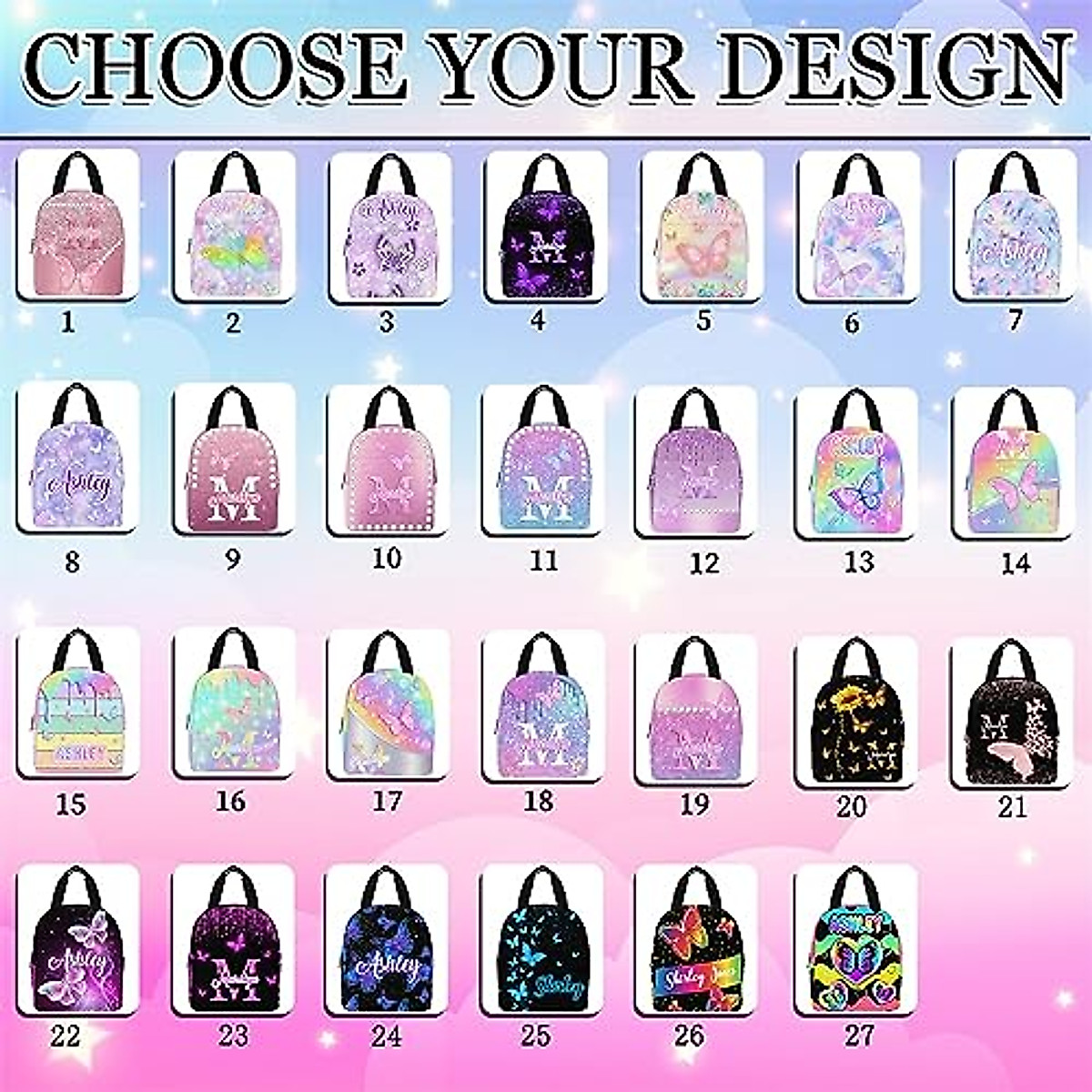 InterestPrint Customized Girls Bookbag with Lunch Bag, Personalized Glitter Butterfly Knapsack Backpack Custom Name Backpack and Lunch Box for Granddaughter Niece
