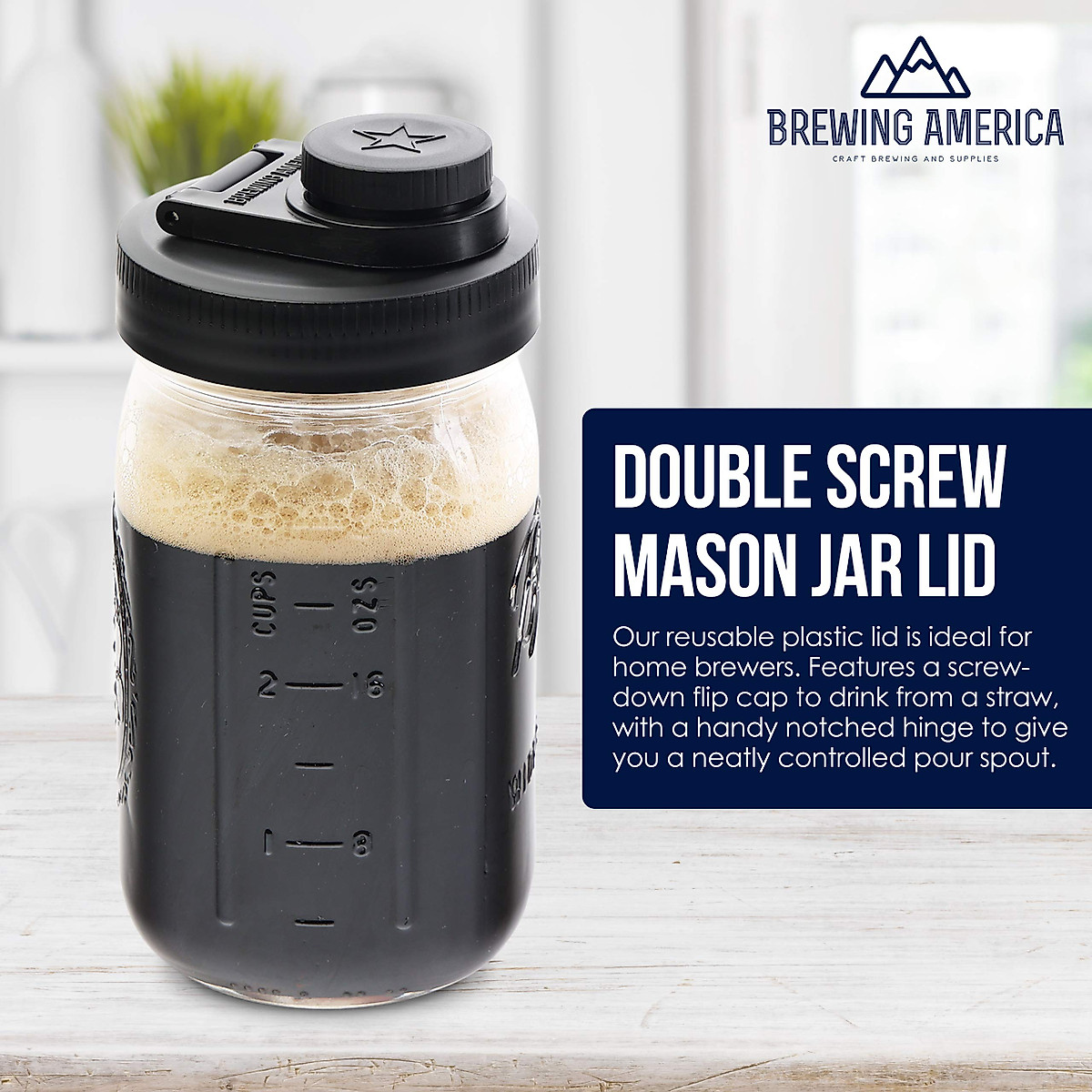 Brewing America Glass Mason Jar Pitcher with Lid - Ball Jar, 1 Quart (32 oz) with Black Wide Mouth Mason Jar Pour Lid, for Smoothie, Boba Cup, Sun Tea Jar, Cold Coffee Glass Tumbler, 1-Pack