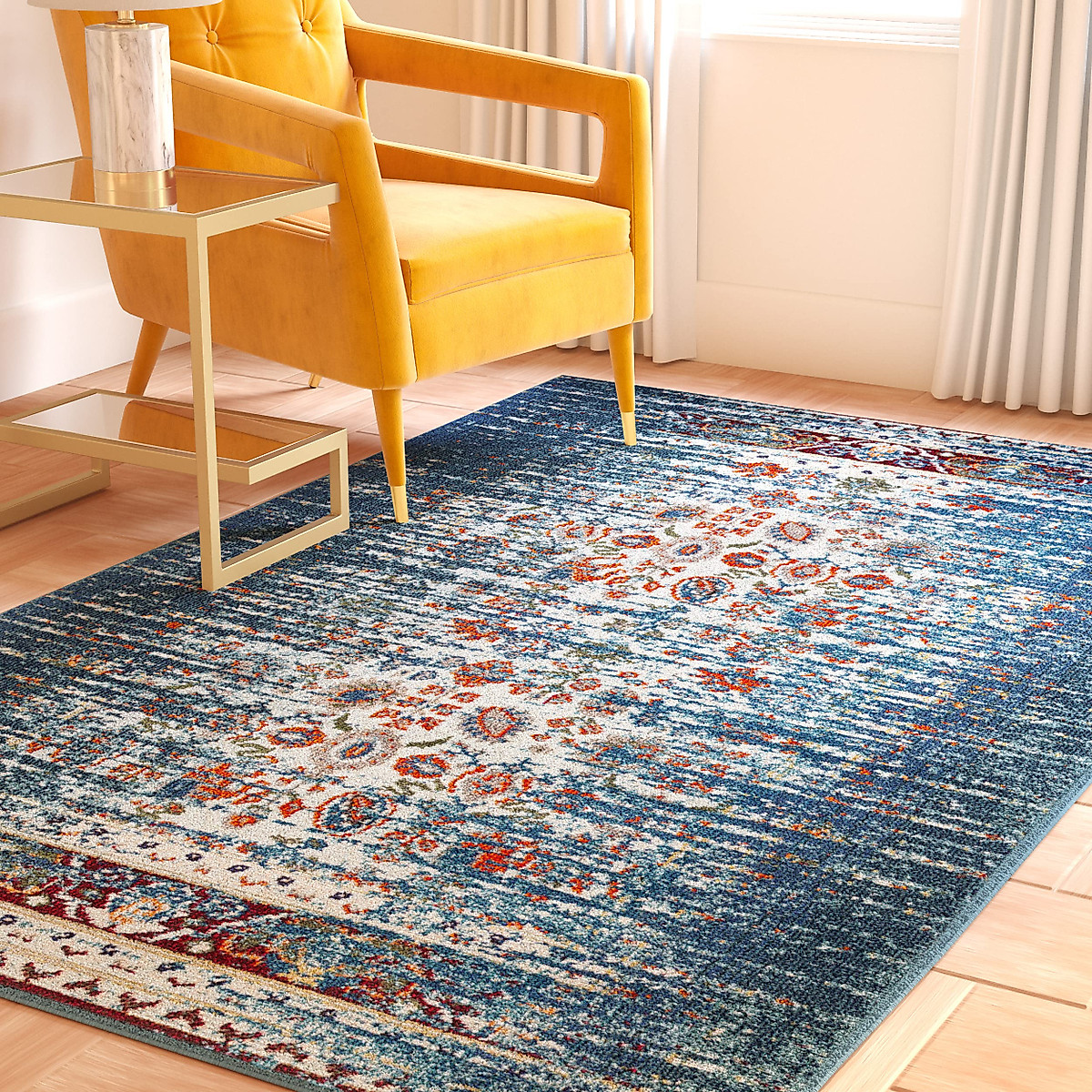 SAFAVIEH Monaco Collection Accent Rug - 3' x 5', Blue & Multi, Boho Abstract Distressed Design, Non-Shedding & Easy Care, Ideal for High Traffic Areas in Entryway, Living Room, Bedroom (MNC208J)