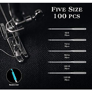 100 PCS Sewing Machine Needles Universal Regular Point Needles for Singer Brother, Assorted Sizes HAX1 65/9, 75/11, 90/14, 100/16, 110/18