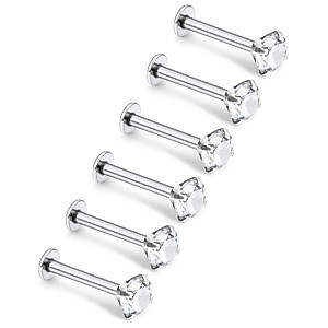 Dyknasz 316L Stainless Steel 16G 2mm Clear CZ Gem Nose Piercing Labret Monroe Lip Monroe Helix Rings Cartilage Ear Ring Studs Piercings 6mm Bar Length for Women Men Silvertone
