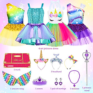 Latocos Girls Princess Dress up Trunk Dress Up Clothes for Little Girls Unicorn Mermaid Pretend Play Costume Set for Toddlers Ages 3-6 Years