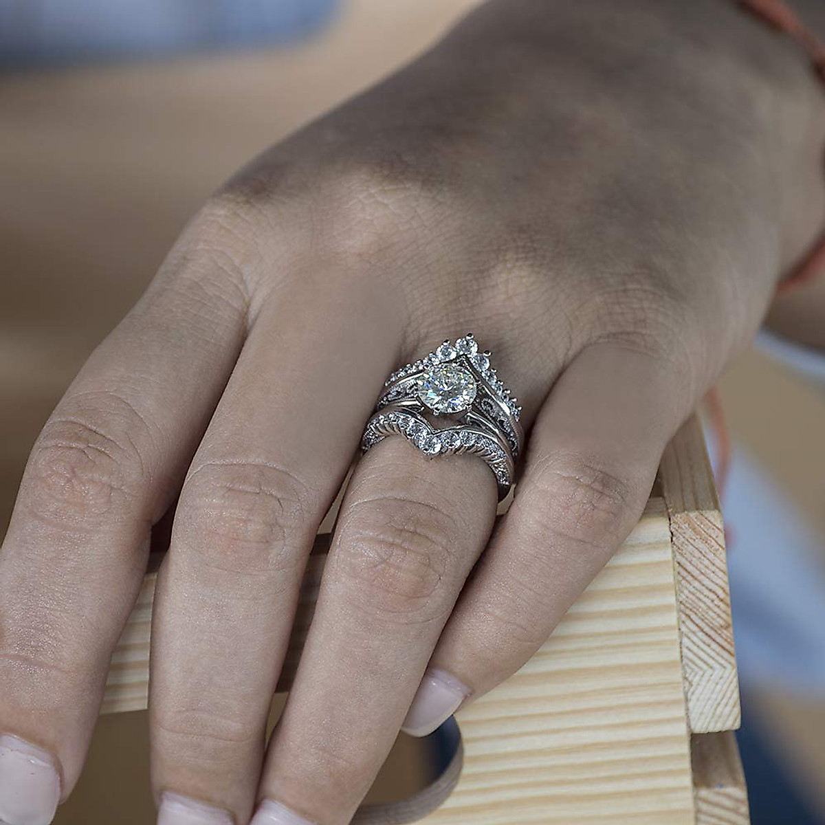 TwoBirch 0.98 Ct. Filigree Vintage Wedding Ring Guard in Sterling Silver with Brilliant Moissanite (Size 8)