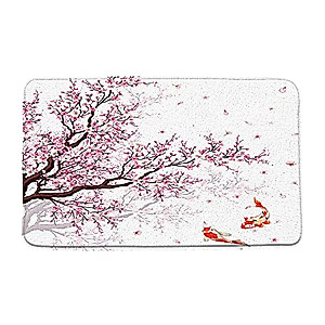 4 Pcs Cherry Blossom Shower Curtain Sets,Pink Floral Plum Blossom Blooming Spring Asian Japanese 70&quot;x 70&quot; Bathroom Curtain with 12 Hooks,29.5&quot;x 17.8&quot; Bath Mat,Toilet Seat Cover, U-Shaped Toilet