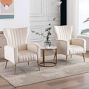 KCC Velvet Accent Living Room Chairs Set of 2, Mid Century Armchair with High Back for Bedroom, Upholstered Single Sofa with Golden Metal Legs,Cream