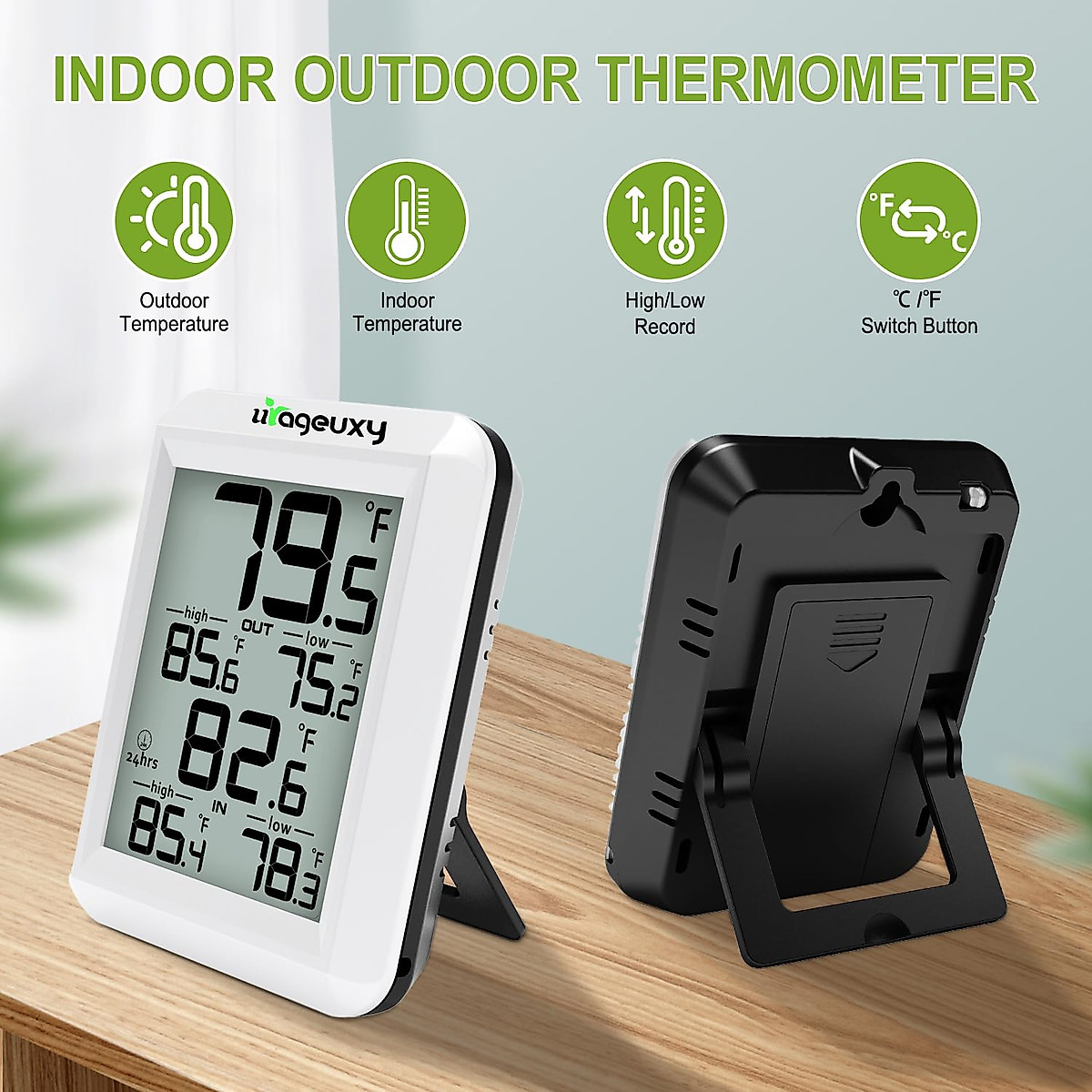Urageuxy Indoor Outdoor Thermometer Wireless Digital Thermometer with Indoor and Outdoor Temperature Display for Home Room Monitoring